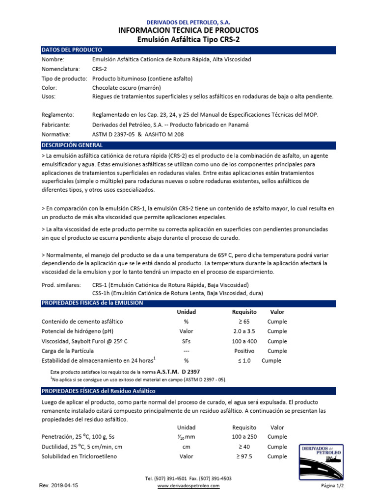 Hoja Tecnica Crs 2 | PDF | Emulsión | Petróleo