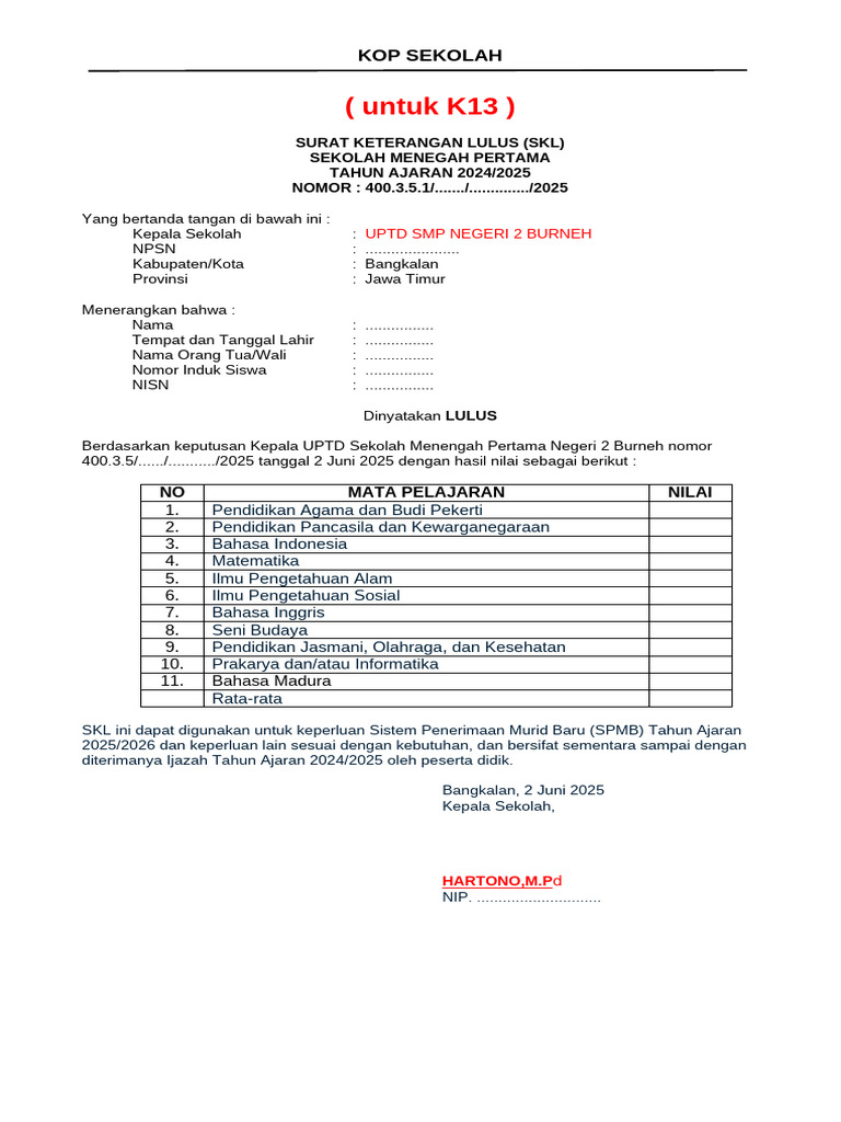 Contoh SKL Dan Transkrip Ijazah 2025a | PDF