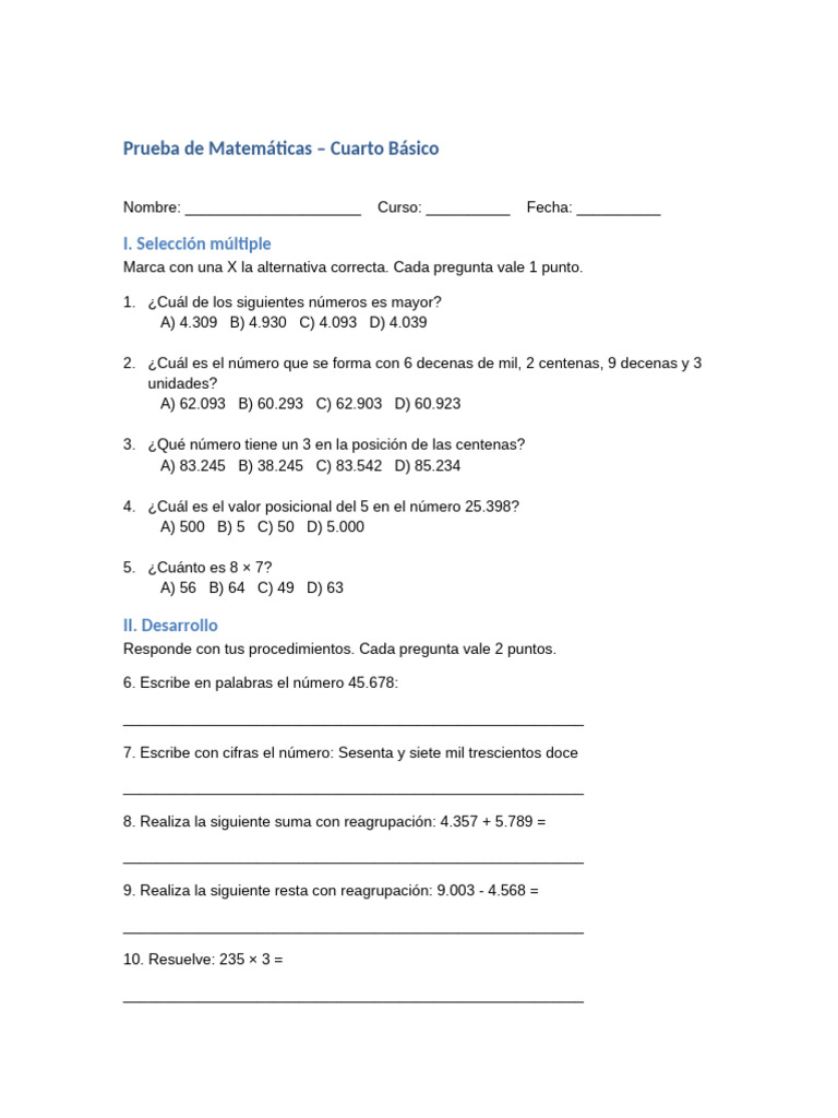Prueba Matematicas Cuarto Basico | PDF