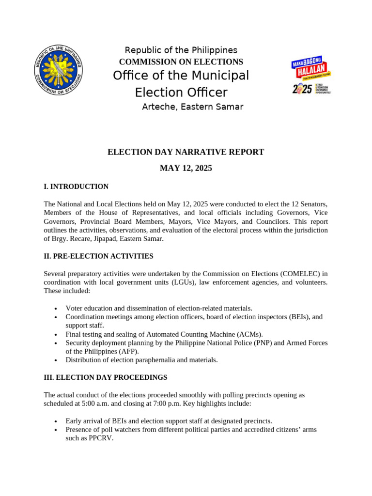 NLE Narrative Report Donnelle | PDF | Elections | Commission On ...