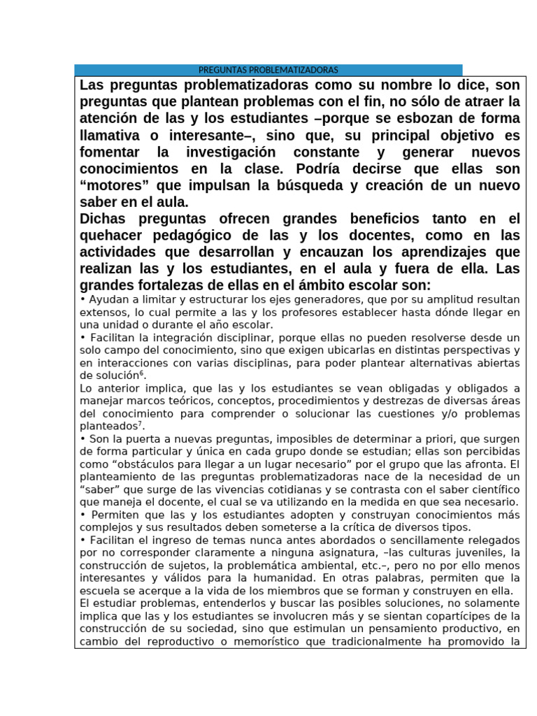Preguntas Problematizadoras | PDF | Enseñando | Evaluación