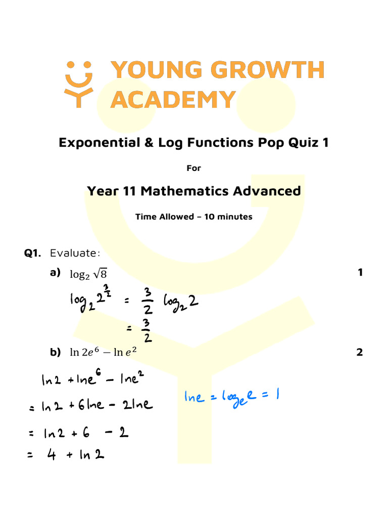 11MAA Exponential Logs Pop Quiz 1 Solutions | PDF