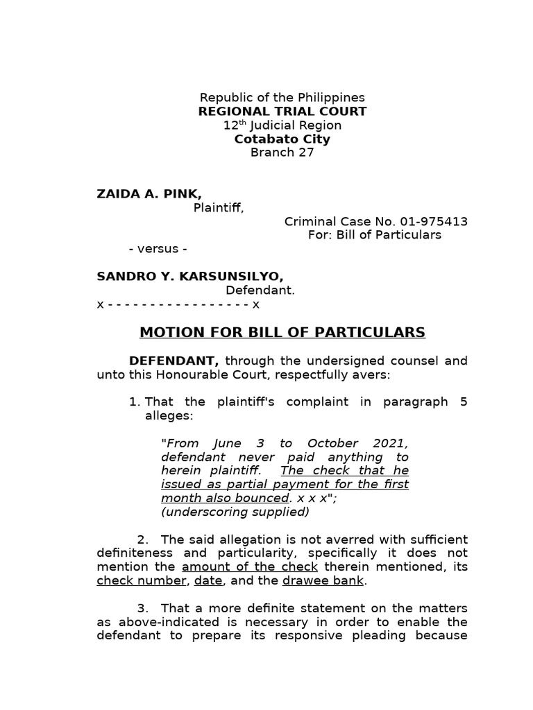 Motion For Bill of Particulars - 101215 | PDF | Pleading | Legal Procedure