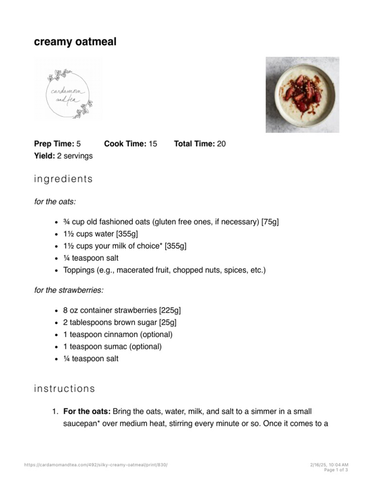 Creamy Oatmeal - Cardamom and Tea | PDF | Teaspoon | Oatmeal