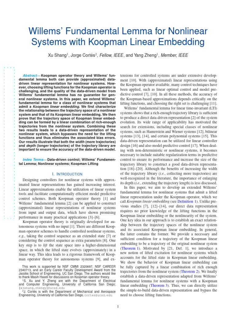 Xu Shang (2019) Willems' Fundamental Lemma For Nonlinear Systems With Koopman Linear Embedding ...