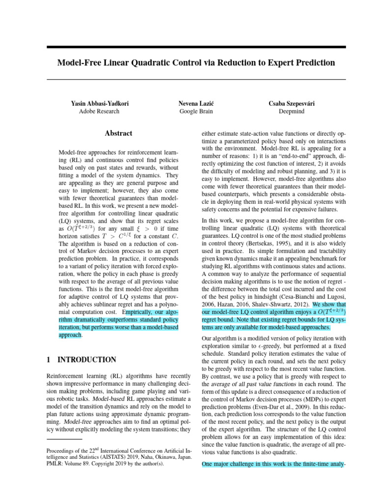 2018 - Model-Free Linear Quadratic Control Via Reduction To Expert Prediction | PDF | Time ...
