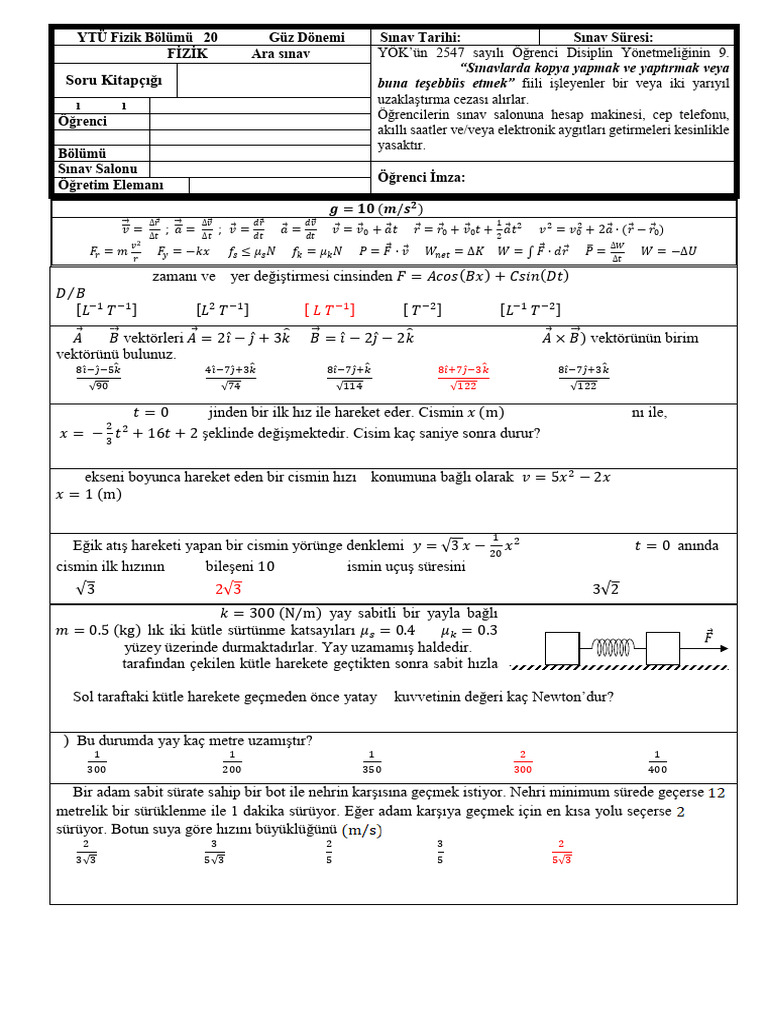 FIZ1001 2023-2024 1 - VİZE - A Cevaplı - İlan - Kopya | PDF