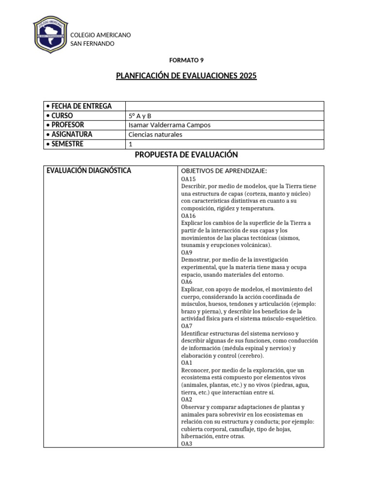 5° CSNAT Plan de Evaluación | PDF | Agua | Alimentos