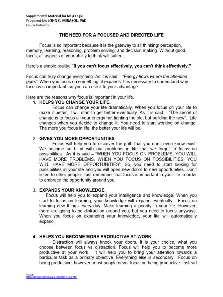 The Need For A Focused and Directed Life | PDF | Psychology | Learning