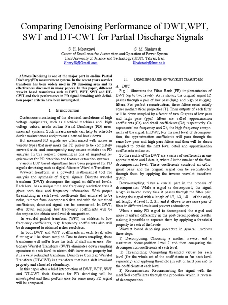 Comparing Denoising Performance Of Dwt Wpt Swt And Dt Cwt For Partial