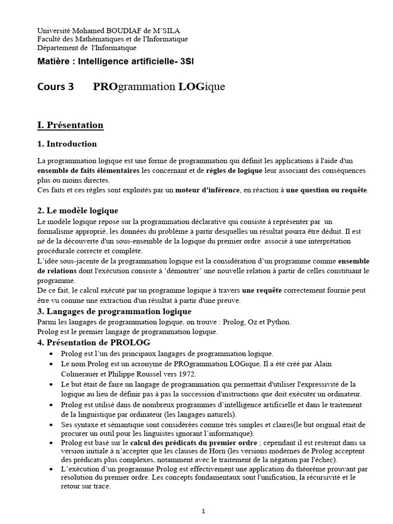 Cours 3 Programmation Logique PART1 | PDF | Programmation informatique ...