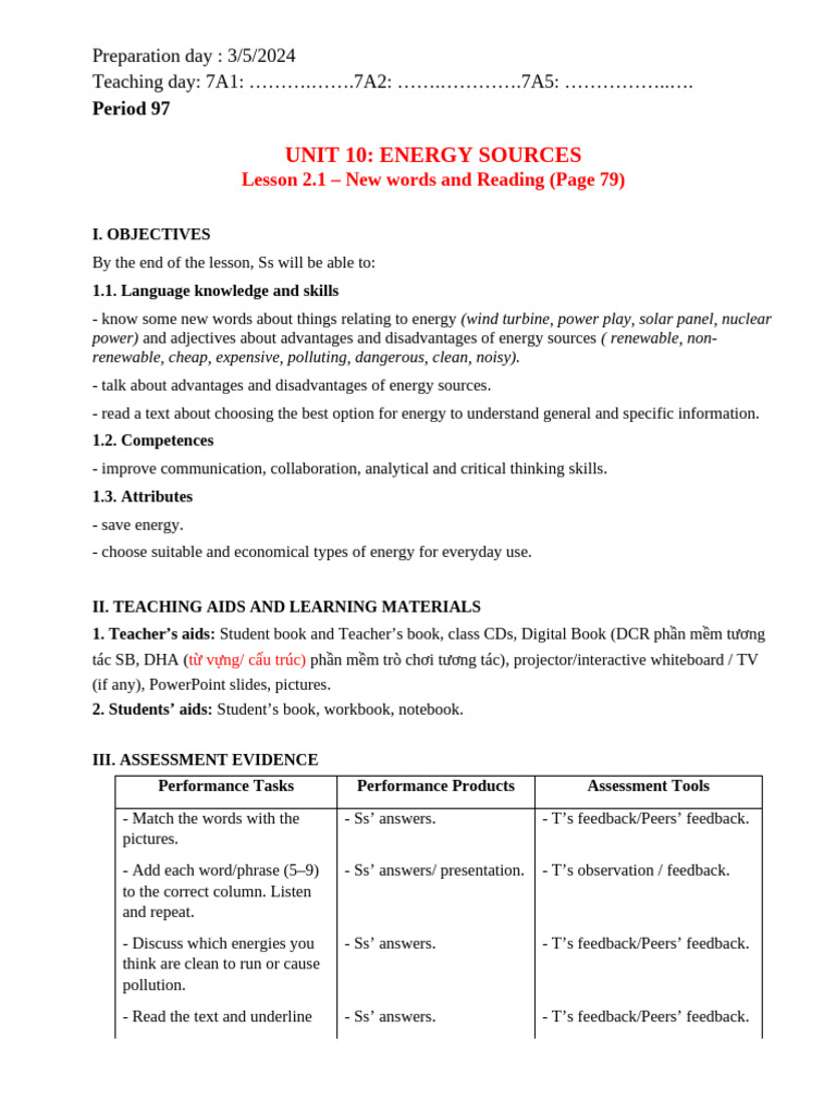 UNIT 10 - LESSON 2 - PART 1 - New Words and Reading | PDF | Energy ...