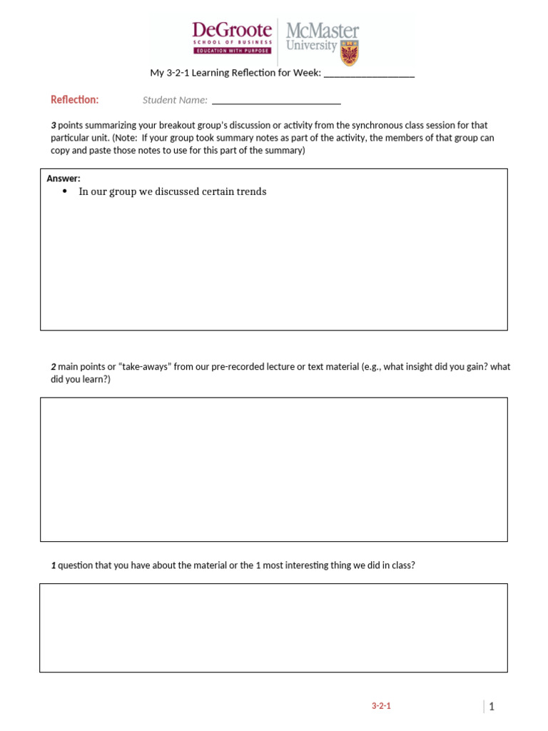 3-2-1 Learning Reflection Template - 2BC3 W21 | PDF