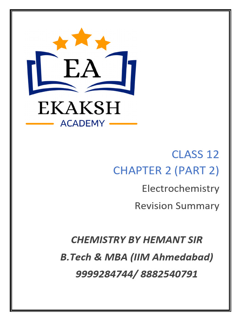 Class 12th Electrochemistry Part 2 Revision Summary | PDF | Redox | Electrochemistry