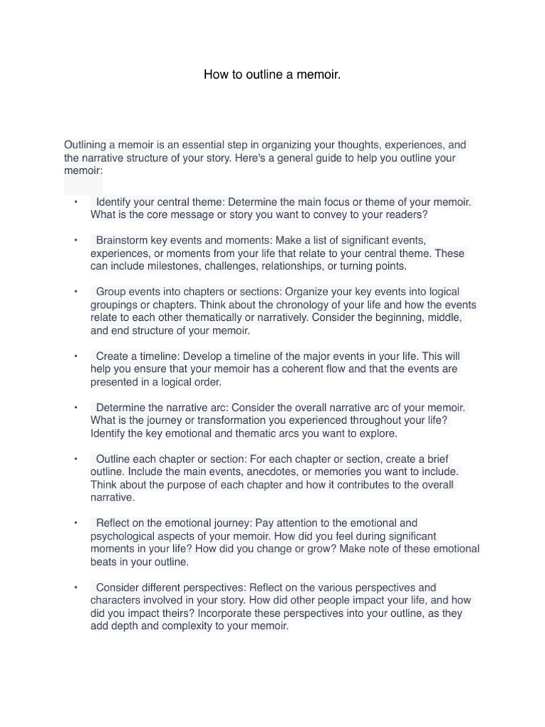 Memoir Outline Guide and Tips | PDF | Narrative | Psychology