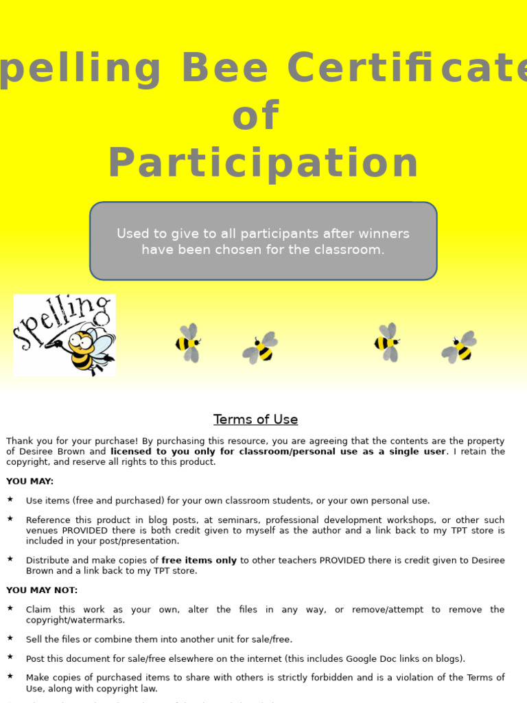 Spelling Bee Certifi Cate of Participation | PDF