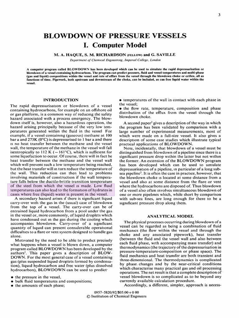 Blowdown of Pressure Vessels I. Computer Model | PDF