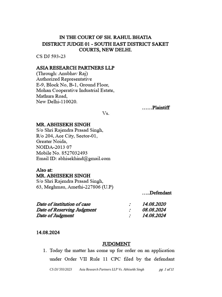 Asia Research Partners LLP Vs Abhisekh Singh On 14 August 2024 | PDF ...