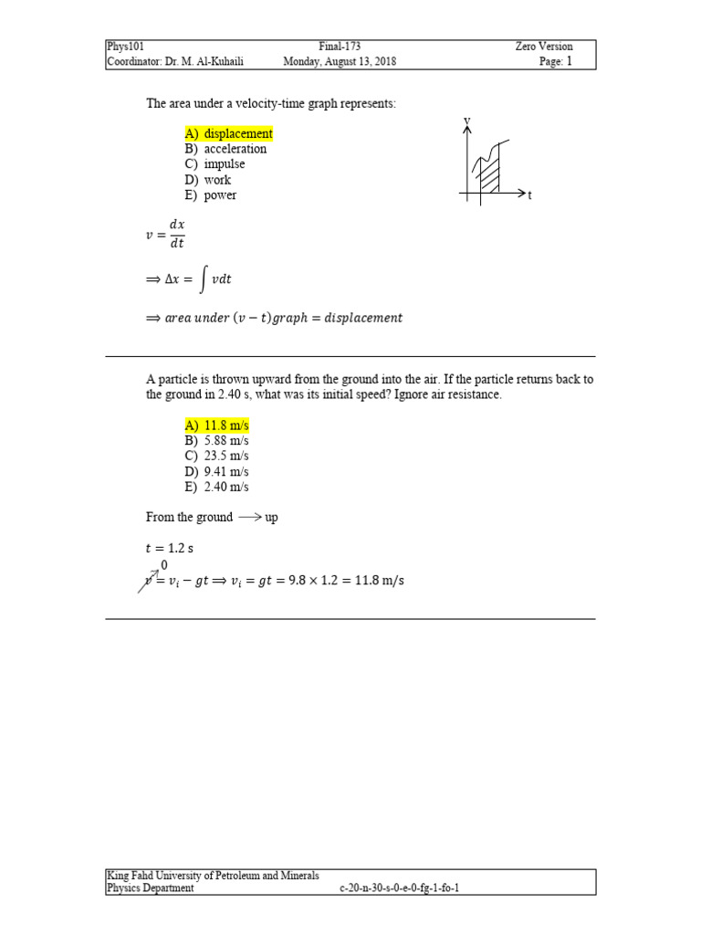 Solution Phys101 173 Final - Kuhaili | PDF | Orbit | Force