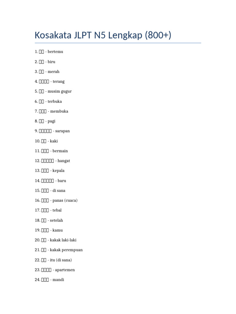 Kosakata JLPT N5 Lengkap FINAL 820 | PDF