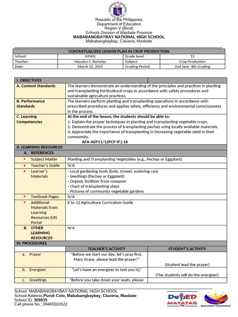 Contextualized Lesson Plan in Crop Production | PDF | Learning | Agriculture