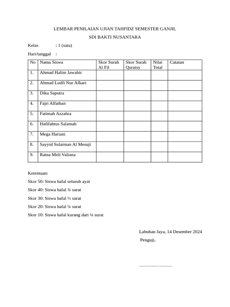Lembar Penilaian Ujian Tahfidz Semester Ganjil | PDF