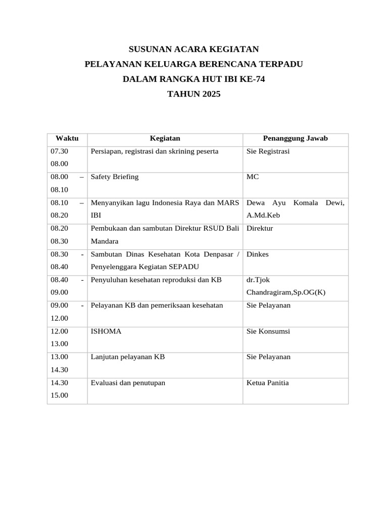 Susunan Acara Kegiatan Hut Ibi | PDF