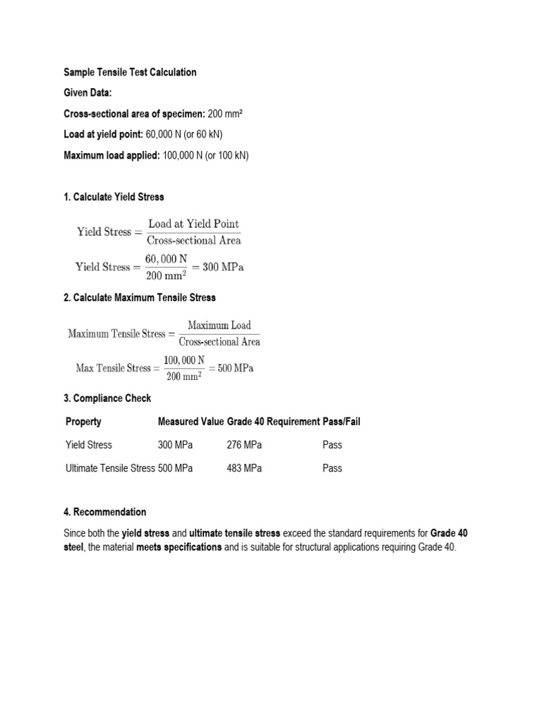 Sample Tensile Test Calculation | PDF