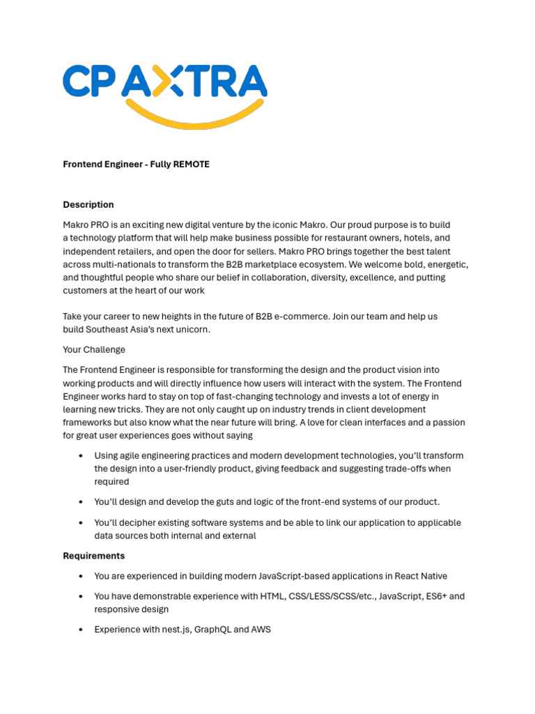 JD - Frontend Engineer - CPAxtra - Remote Contract | PDF | E Commerce | Computing