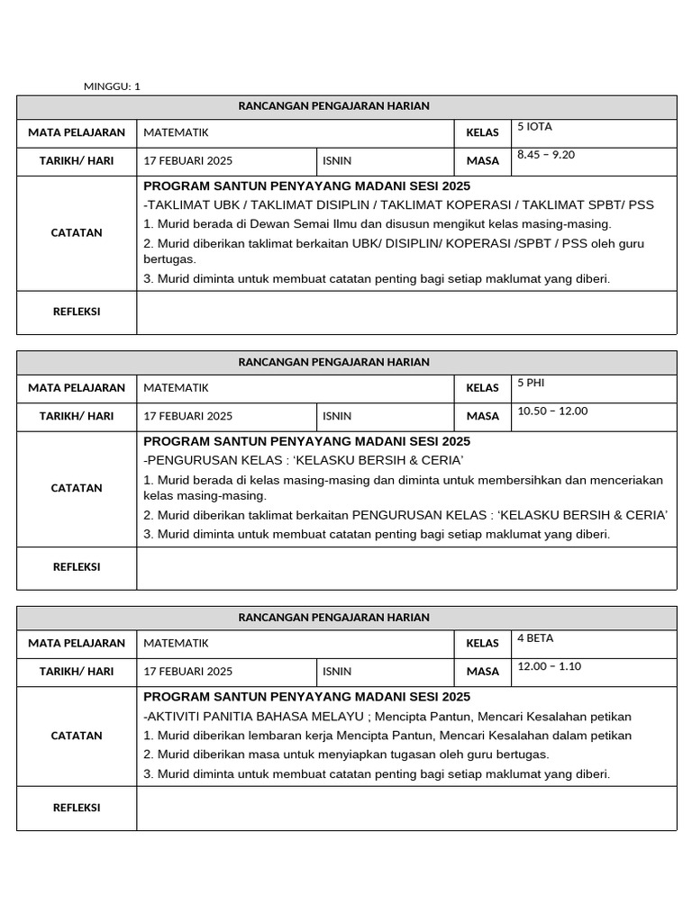 Contoh RPH Minggu Pertama | PDF