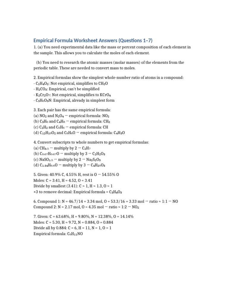 Empirical Formula Worksheet Answers | PDF
