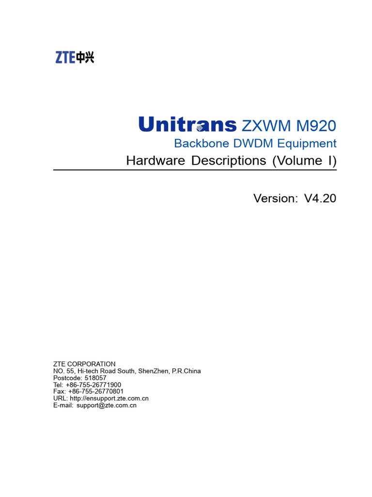 ZXWM M920 (V4.20) Backbone DWDM Equipment Hardware Descriptions (Volume ...