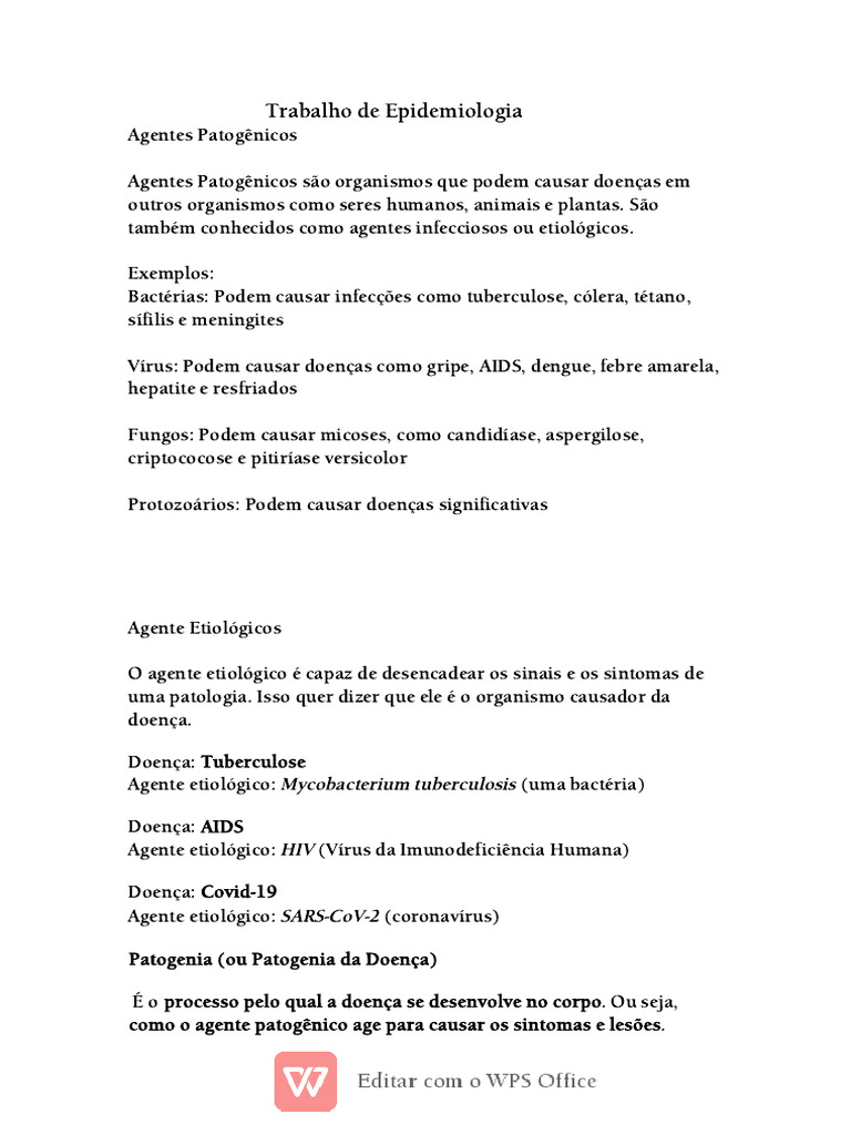 DOC-Trabalho Epidemiologia. | PDF | Patógeno | Vírus