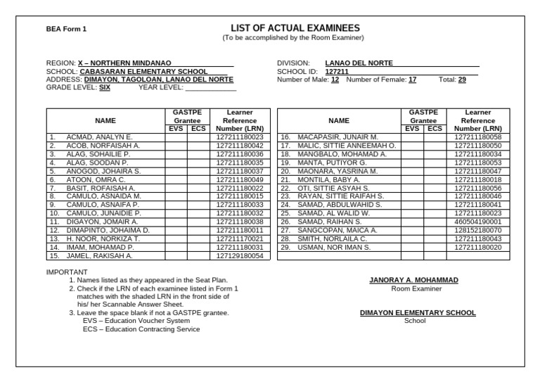 BEA Form 1 (Grade6-127211) SY 2024-2025 | PDF