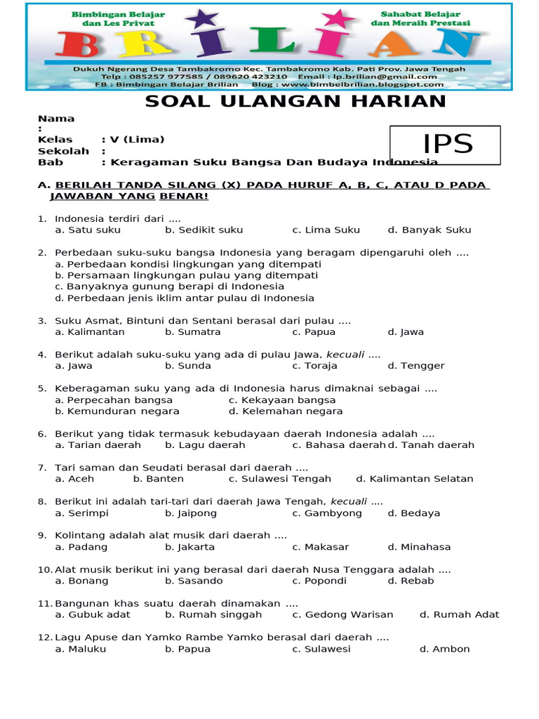 Soal IPS Kelas 5 SD Bab 4 Keragaman Suku Bangsa Dan Budaya Indonesia | PDF