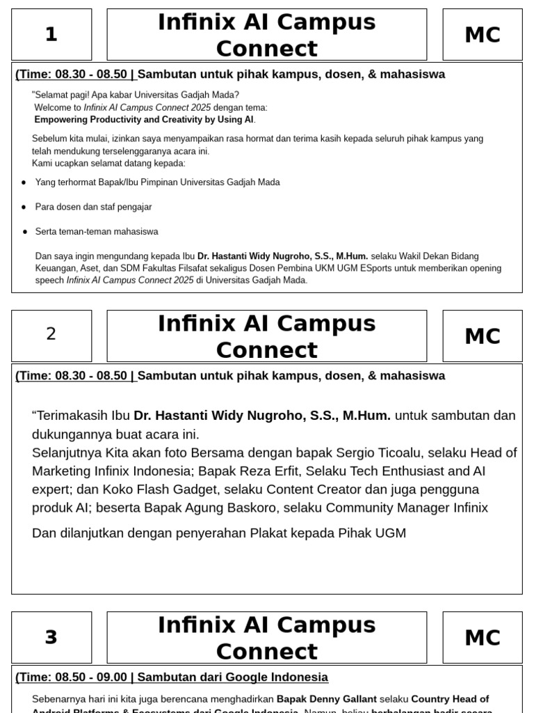 Script & Cue Card Infinix AI Campus Connect 2025 - UGM | PDF