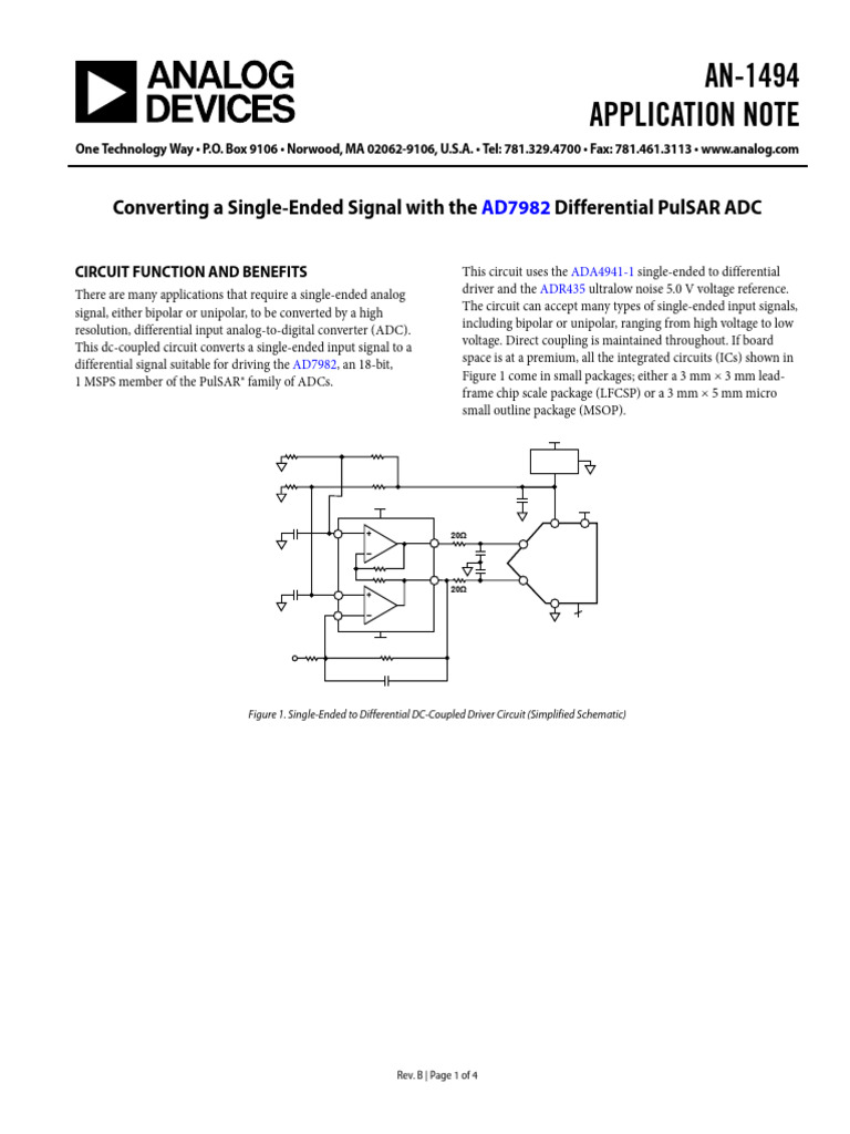 AnalogDevices-AN-1494-Converting A Single-Ended Signal With The AD7982 Differential PulSAR ADC ...