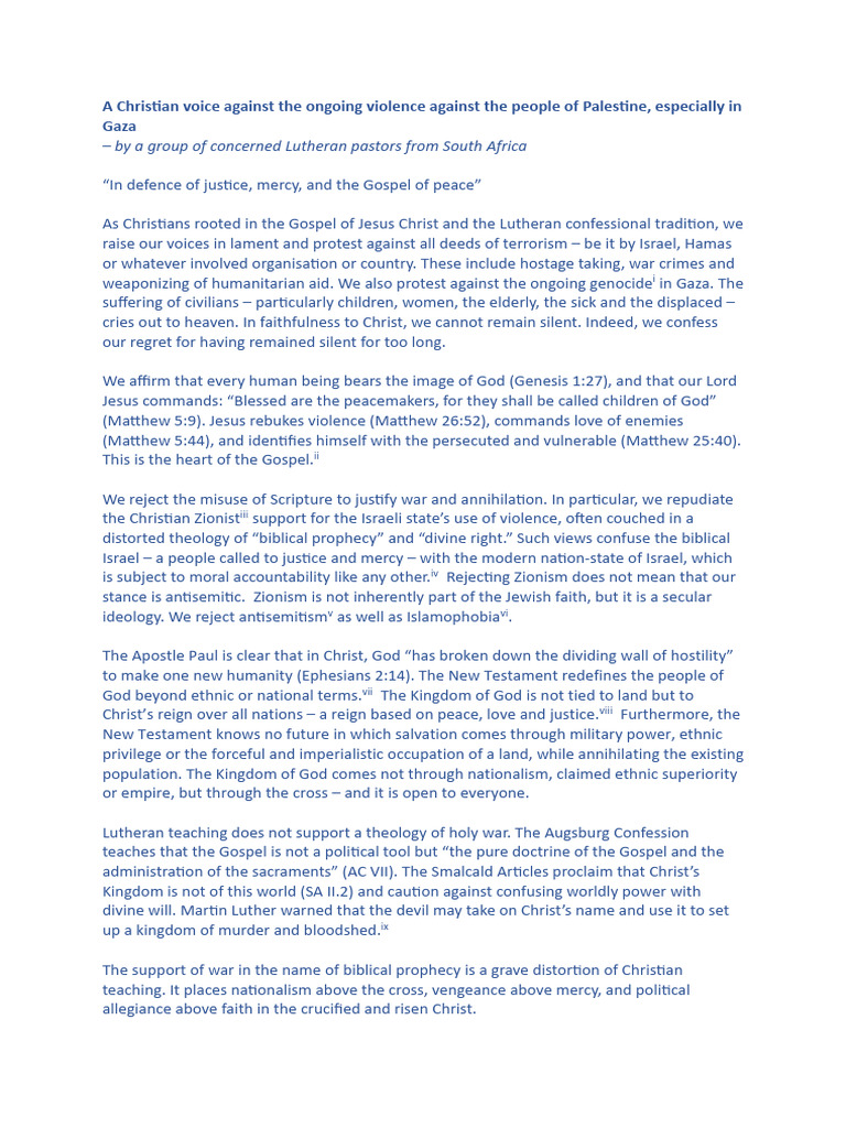 A Christian Statement Against Violence in Gaza | PDF | Jesus | Zionism