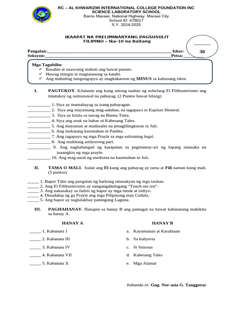 Filipino 10 4th Prelim 2024-2025 | PDF