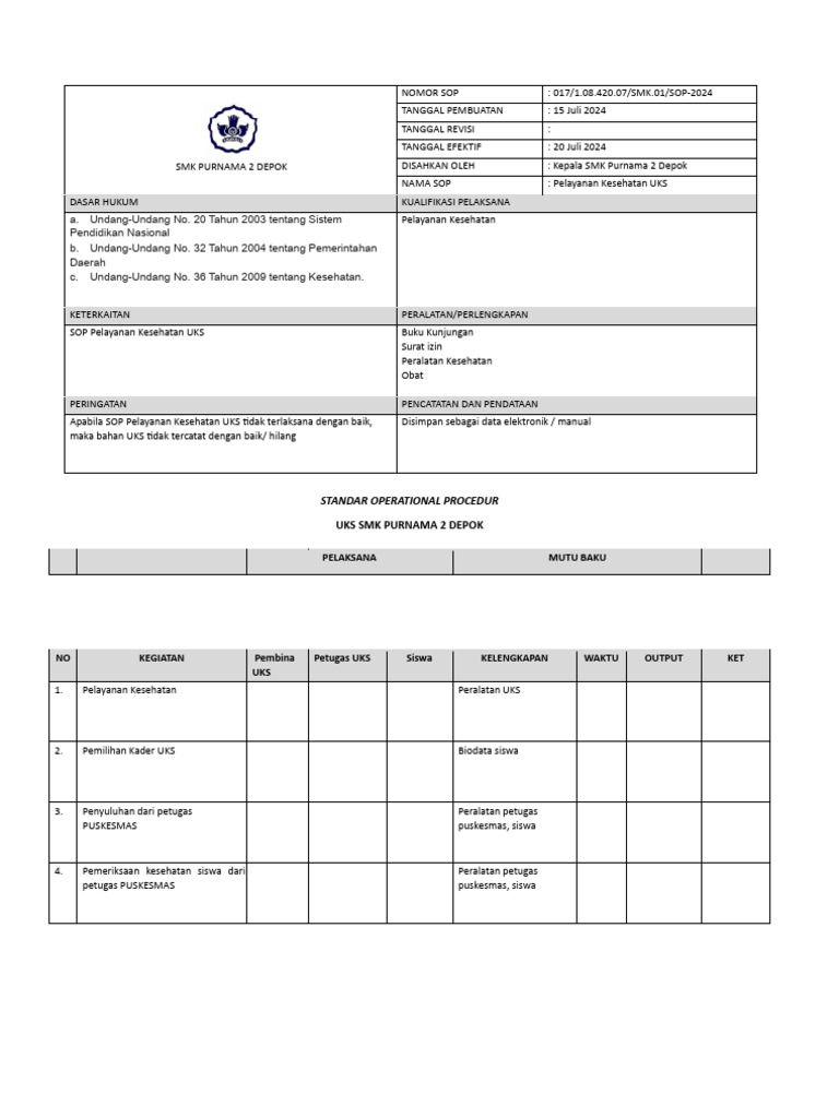 Sop Uks SMK Purnama 2 Depok | PDF