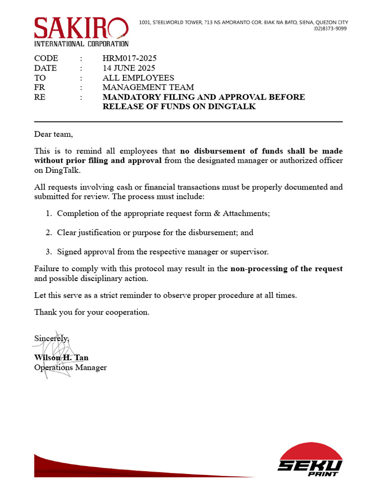Memo - Mandatory Filing and Approval Before Release of Funds | PDF