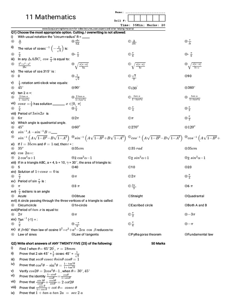 Class 11 Trigonometry MCQ Test | PDF | Trigonometric Functions ...