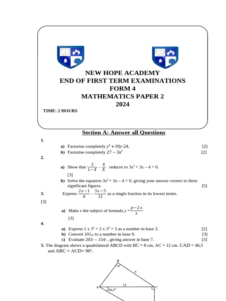 Form 4 Mathematics Paper 2 Exam 2024 | PDF | Mathematics