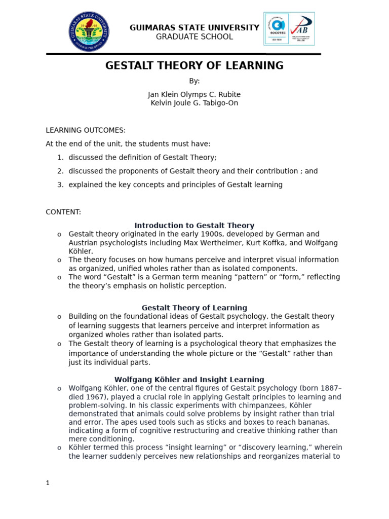 Lesson 13. Gestalt Theory of Learning | PDF | Perception | Learning