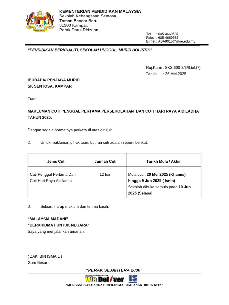 Surat Makluman Cuti Penggal 1 | PDF