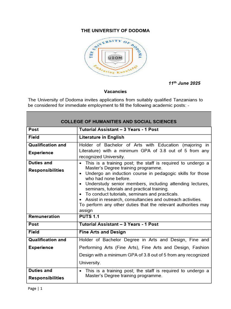 Nafasi Za Kazi Udom 12062025 | PDF | Dental Degree | Bachelor's Degree