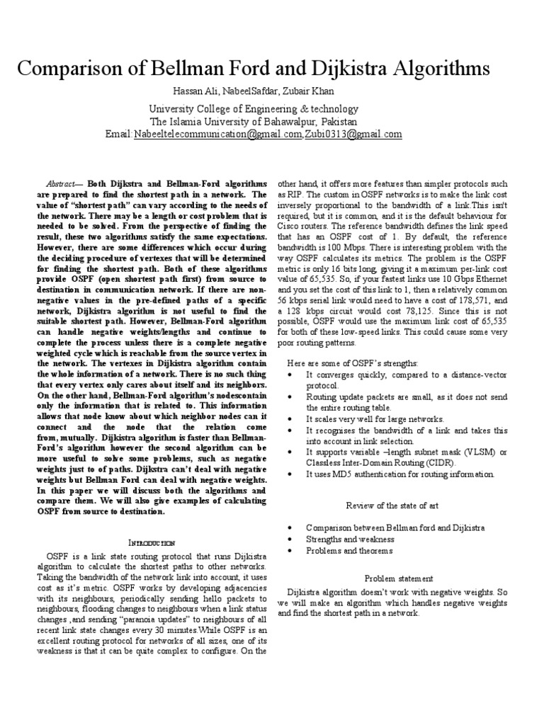 Comparison of Bellman Ford and Dijkistra Algorithms | PDF | Routing ...