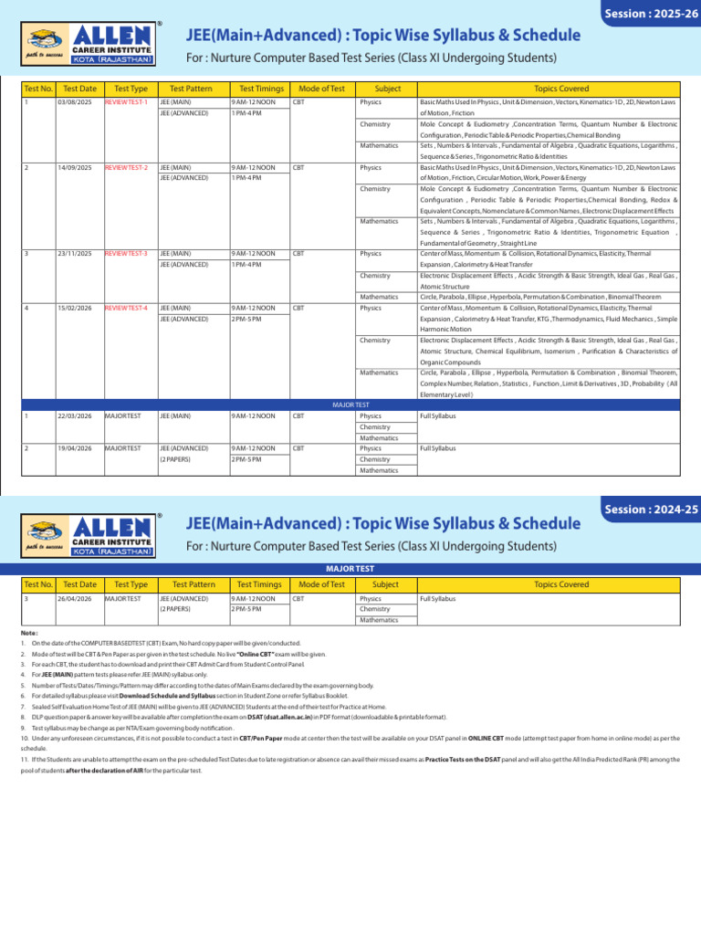 JEE Adv Nurture Cbt Schedule and Syllabus (2) | PDF | Chemistry | Gases