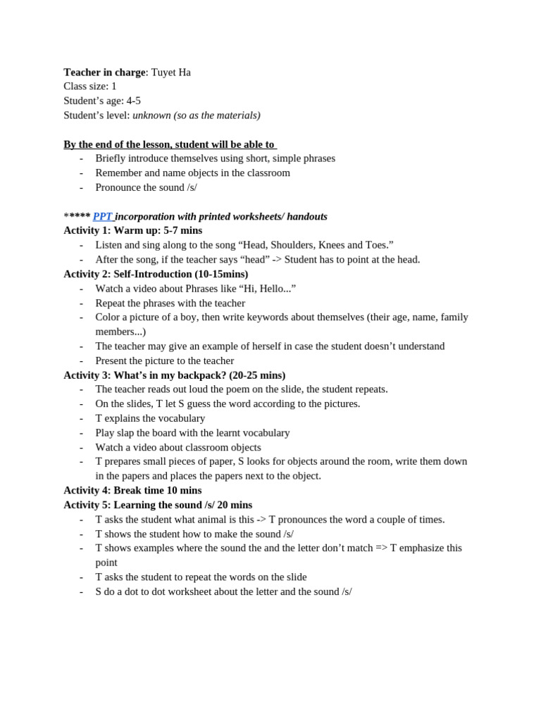 ESL Lesson Plan for Young Learners | PDF