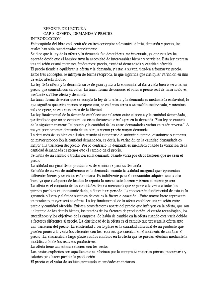 Reporte de Lectura Cap 8 | PDF | Oferta (economía) | Precios